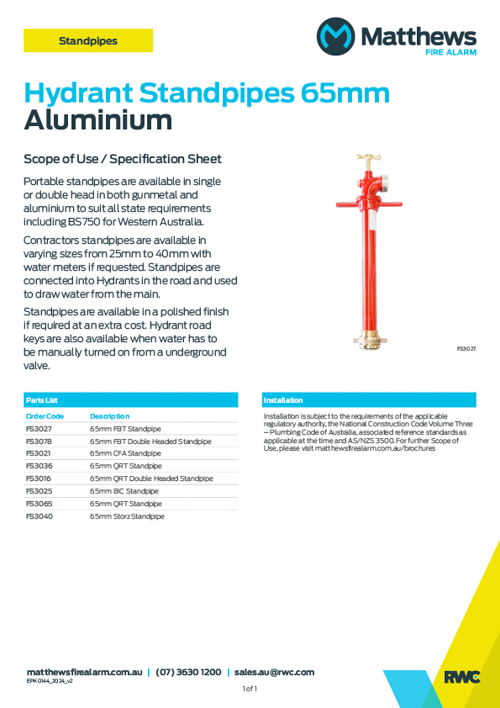Hydrant Standpipes – Aluminium – Matthews Fire Alarm