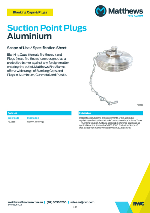 Suction Point Plugs – Aluminium – Matthews Fire Alarm